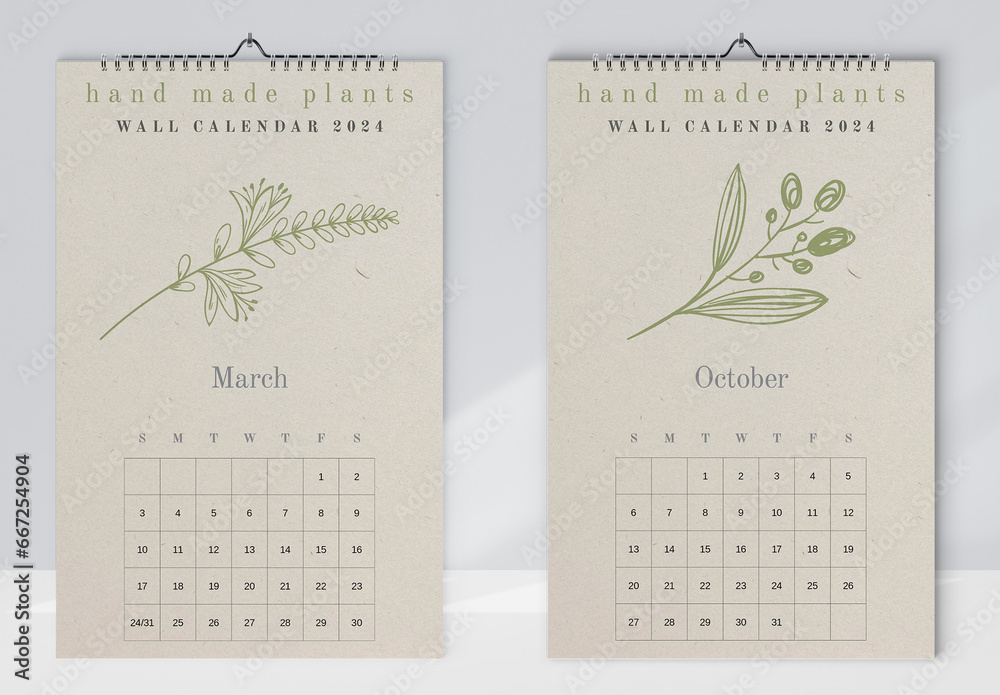 Hand Made Plants Wall Calendar 2024 Layout Stock Template | Adobe Stock