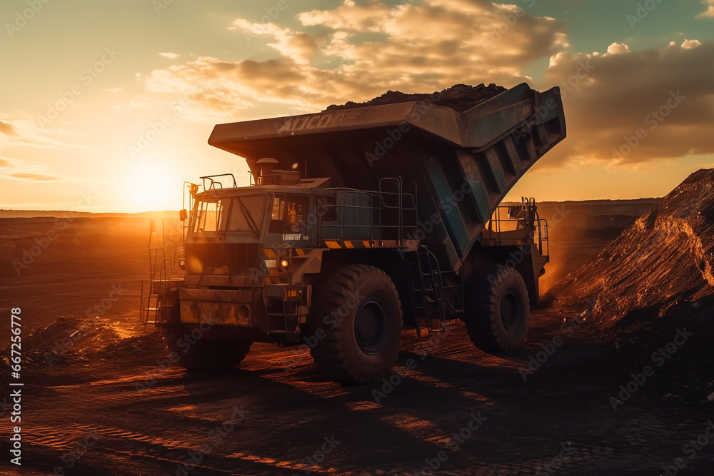 Mining truck in opencast on sunset. Electric EV futuristic mining truck ...