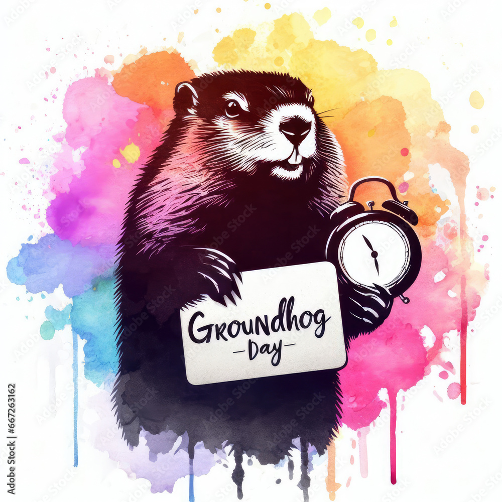 Groundhog on groundhog day with a clock. Stock Illustration | Adobe Stock