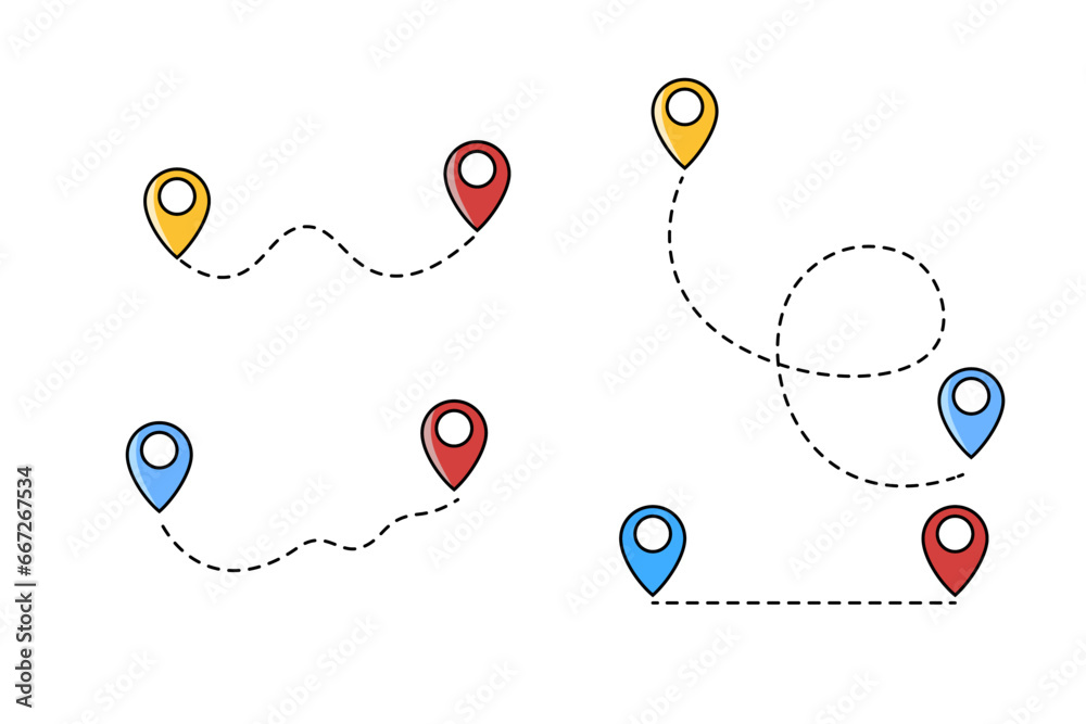 Route location color icon set, two pin sign and dotted line road, start ...