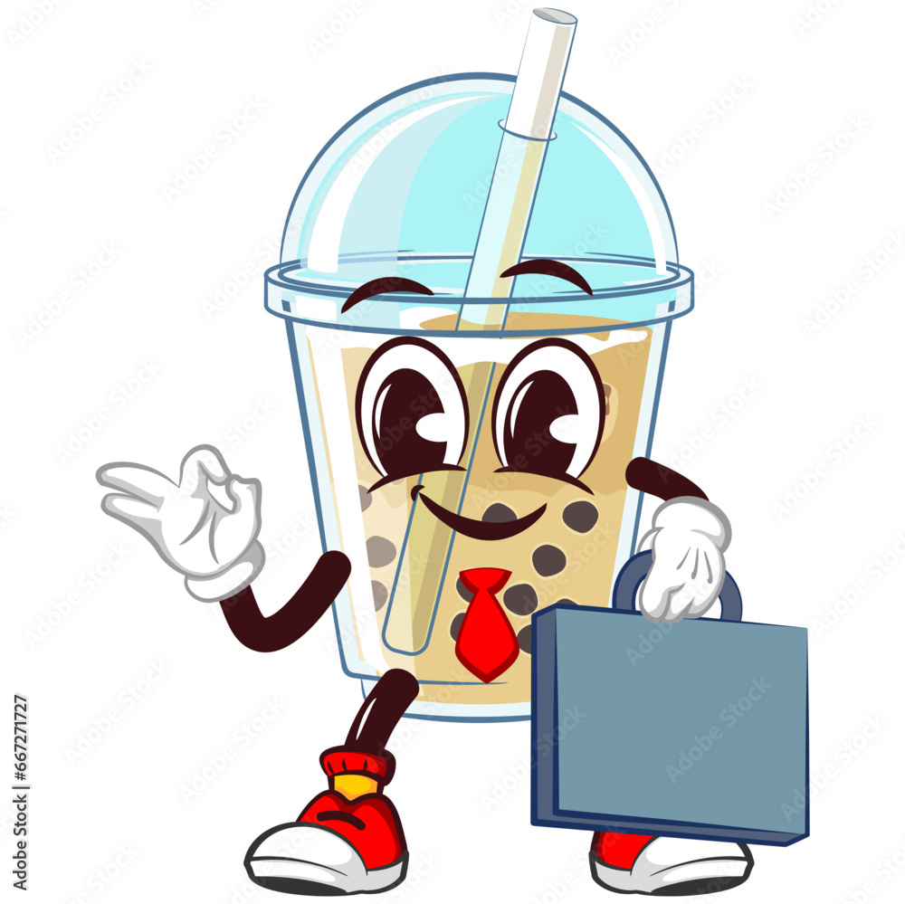 character mascot of a glass of iced boba with a funny face of an office ...