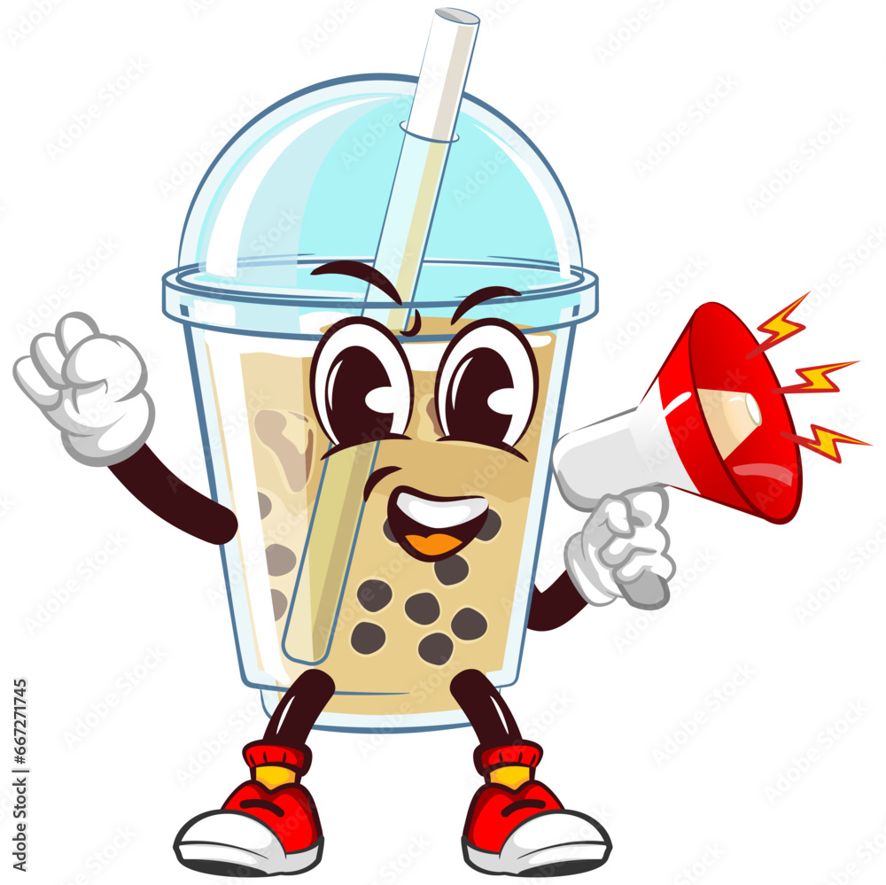 character mascot of a glass of iced boba with a funny face shouting ...