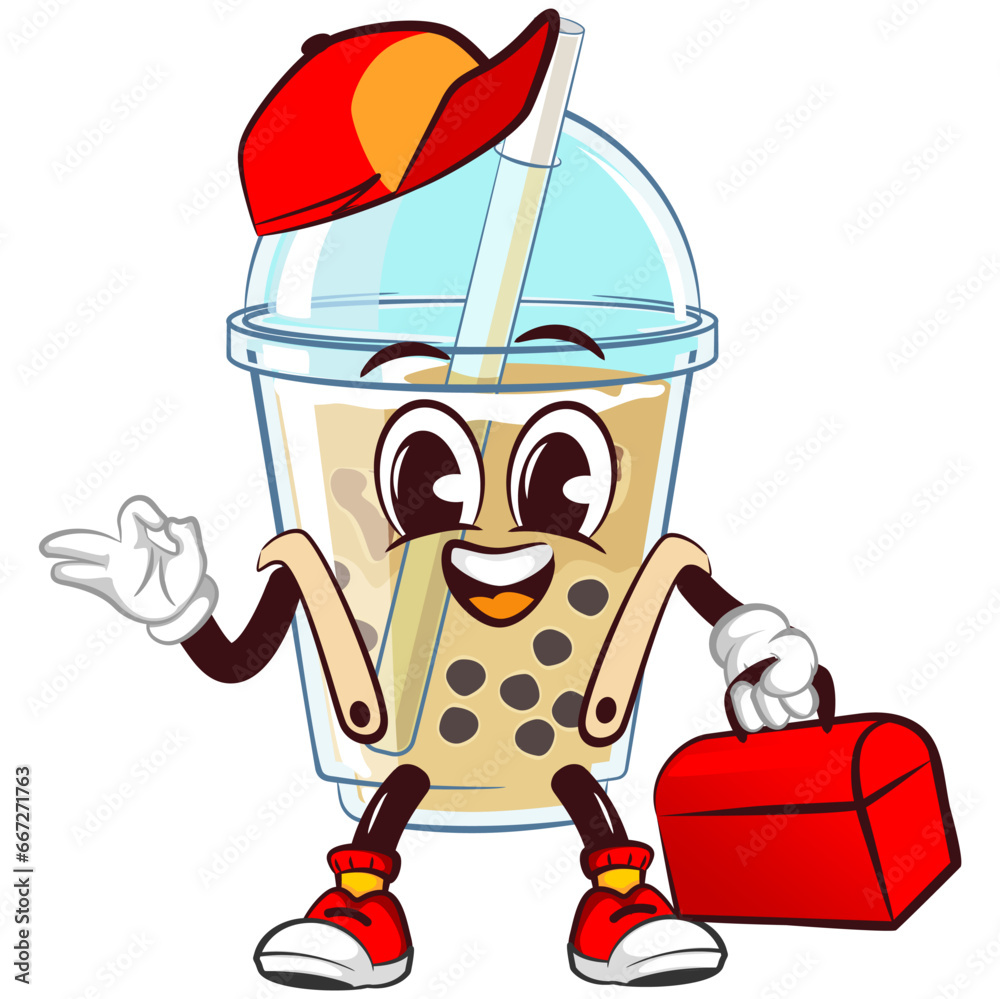 character mascot of a glass of boba ice with a cute face handyman in a ...