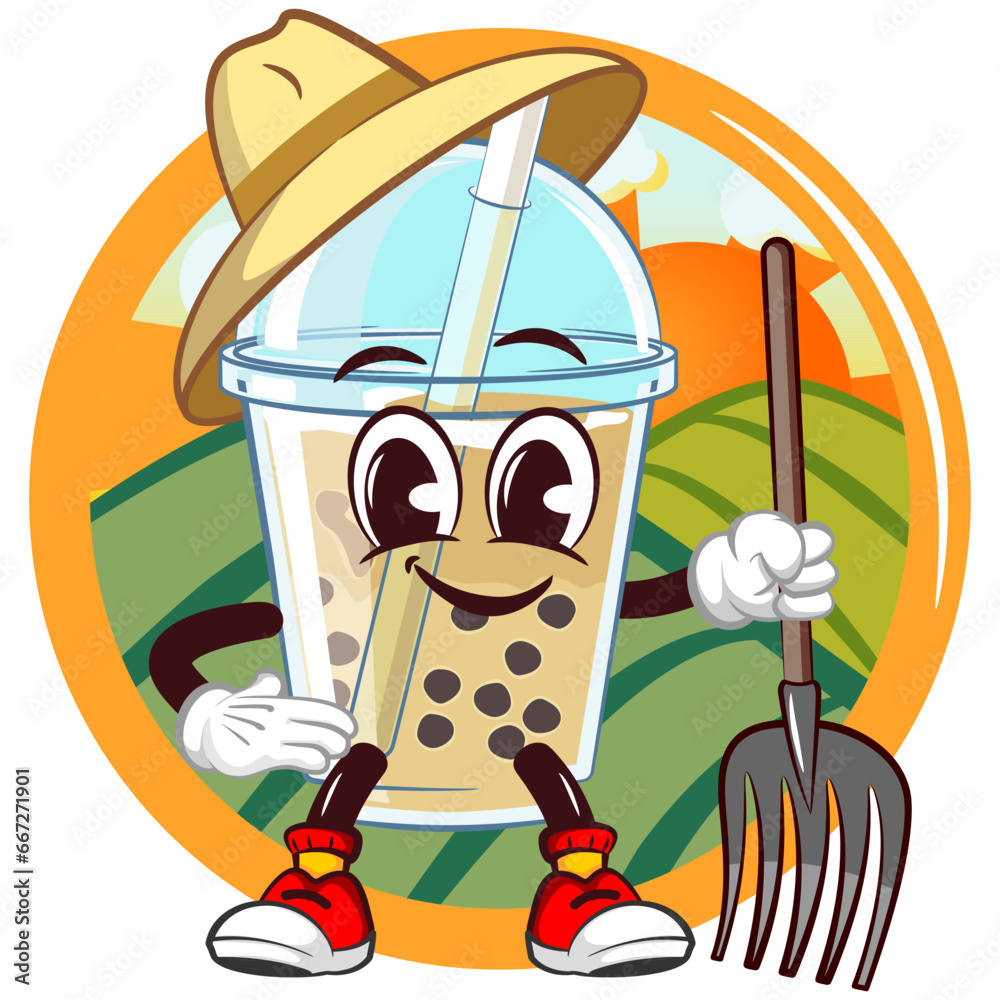 character mascot of a glass of iced boba with a funny face in the logo ...