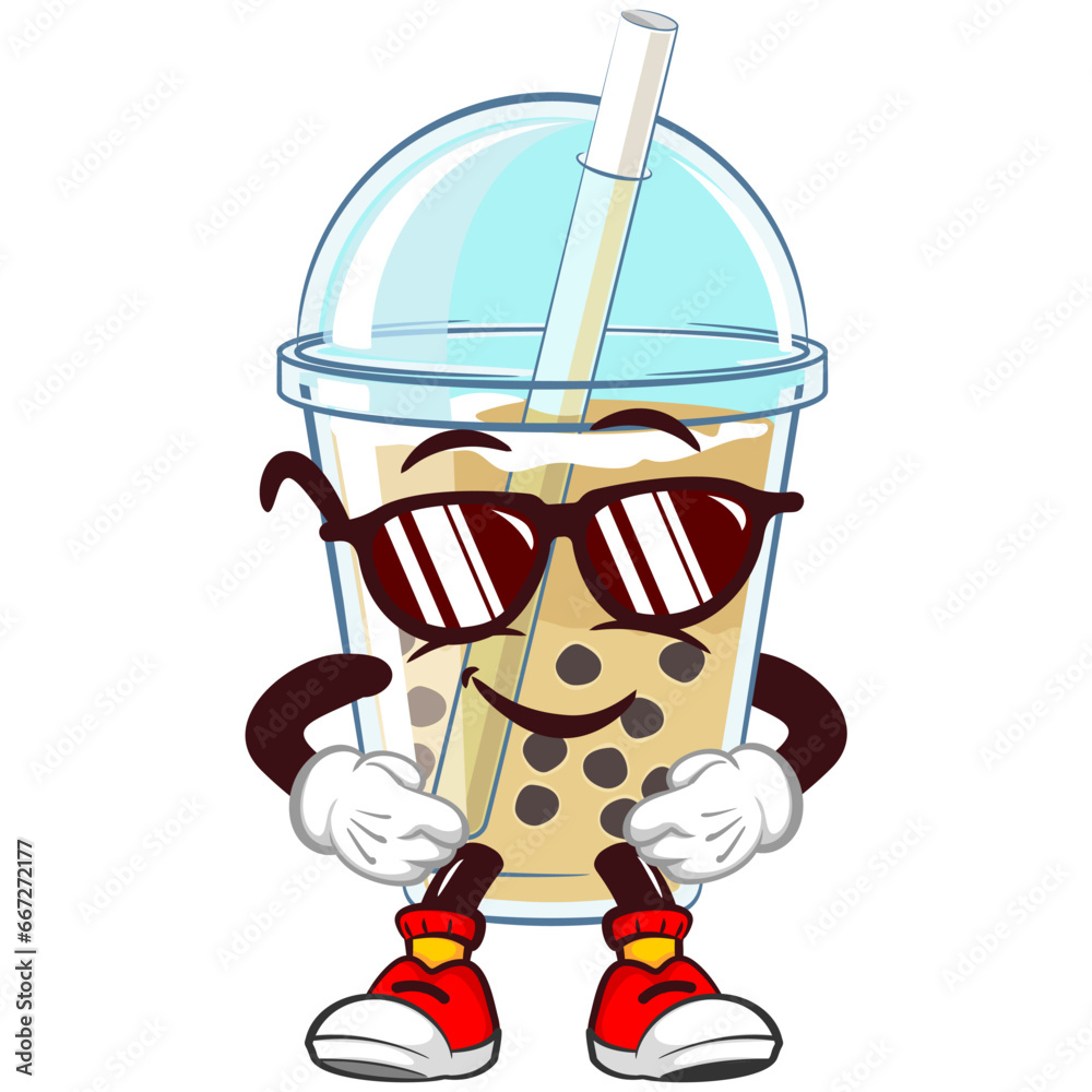character mascot of a glass of iced boba with a cool stylish funny face ...