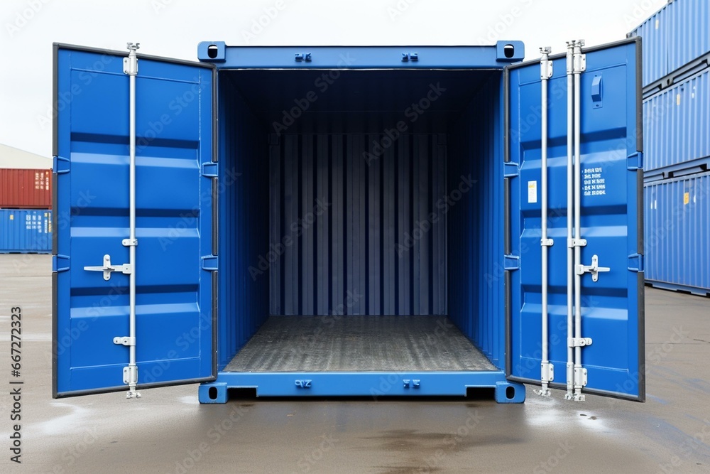 open container, blue cargo container, open doors, front view ...