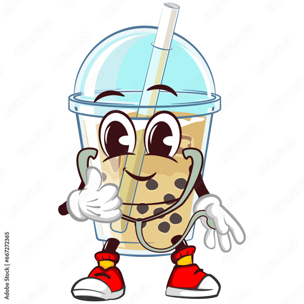 mascot character of a glass of iced boba with funny face medical worker ...