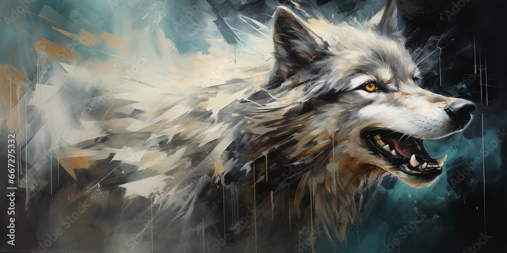 Expressive abstract wolf, avant - garde, long flowing hair, metallic ...