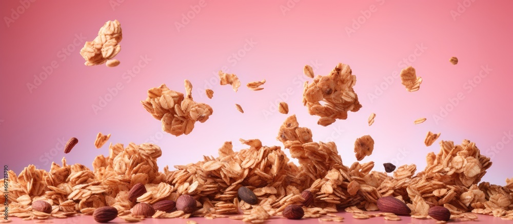 High resolution image of granola flakes floating in zero gravity on a ...
