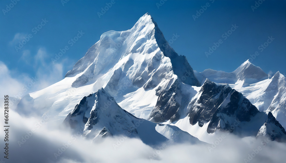 majestic snowy mountain peak towering above the clouds its pristine ...