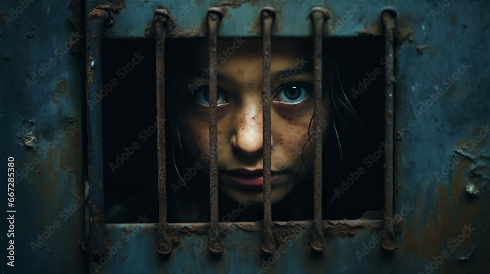 Little girl confined behind bars with dirty scratched face gazes with ...
