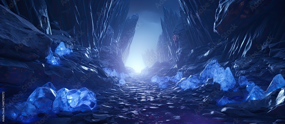 Blue crystal mineral walkway on an alien planet illustrated in ...