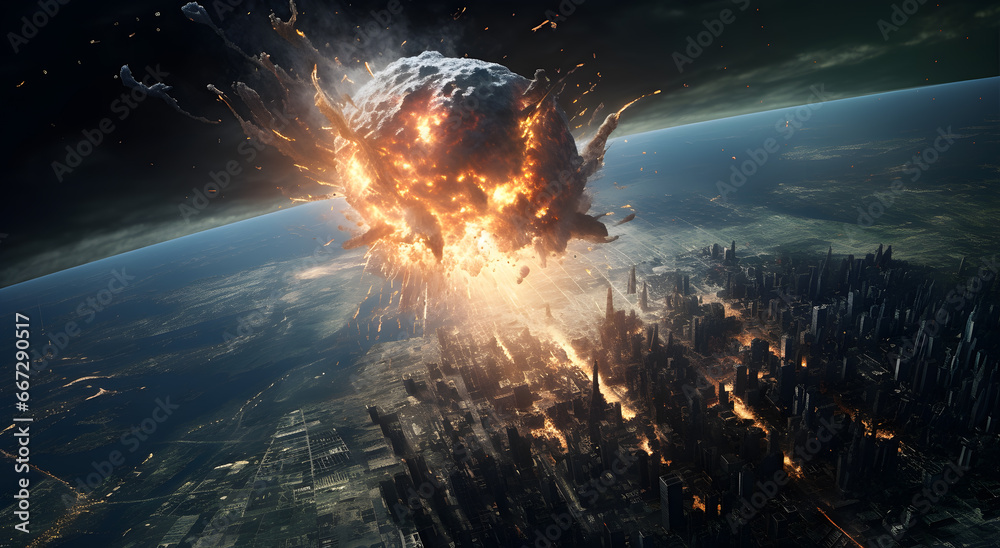 asteroid hitting planet earth with big explosion and fire Stock ...