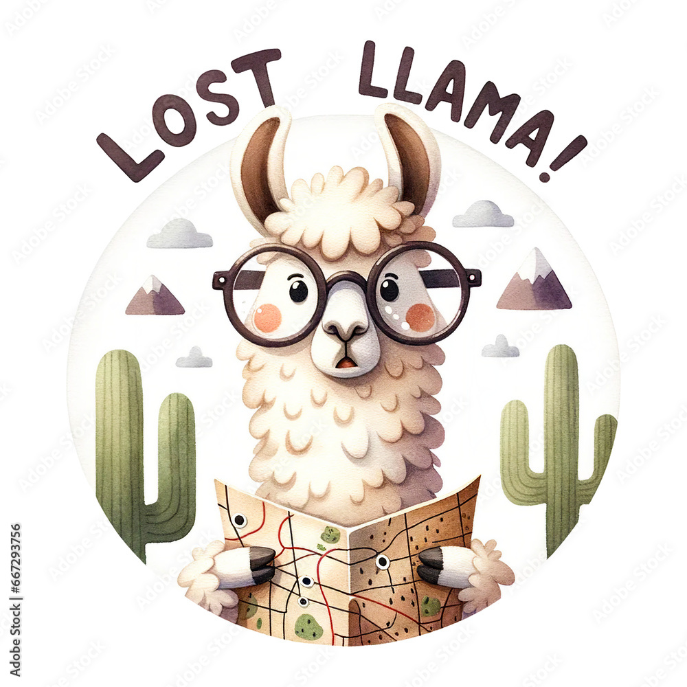 A bewildered llama wearing glasses and holding a map, amidst a desert ...