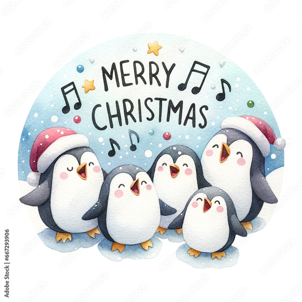 Joyful penguins singing Christmas songs under a snowy sky with stars ...
