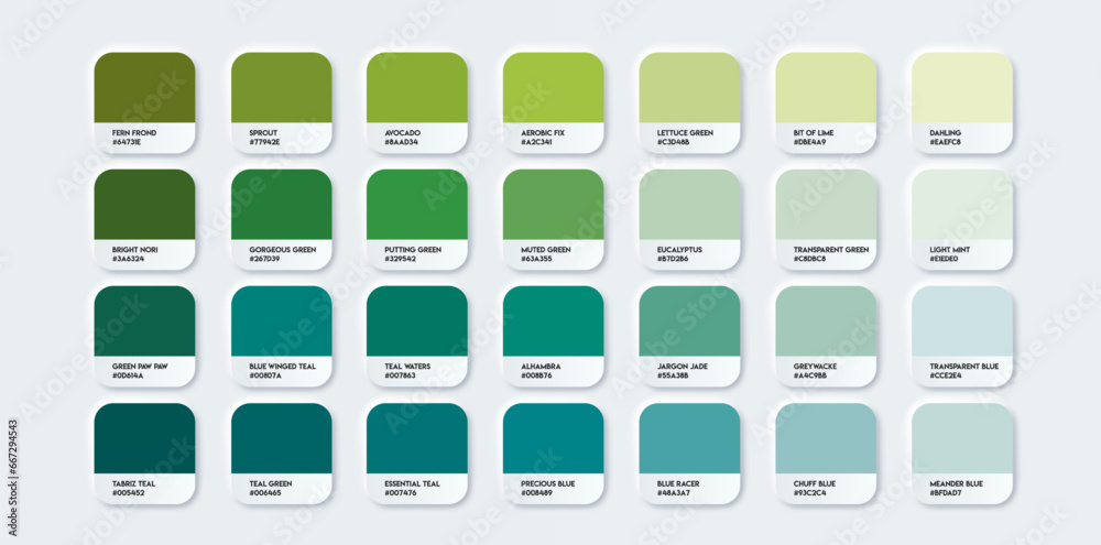 Green Color Guide Palette with Color Names. Catalog Samples Green with ...