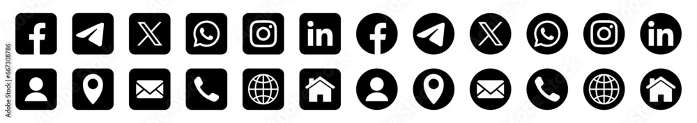 Social media icons and contact iconSocial media logo.Contact us icon ...