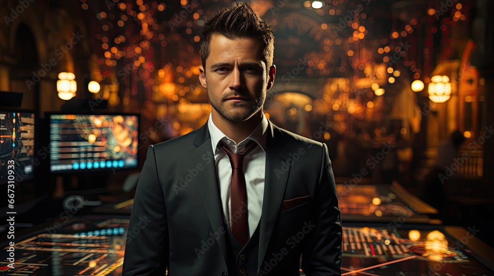 Handsome male news anchor in a classic suit in the studio Stock Photo ...