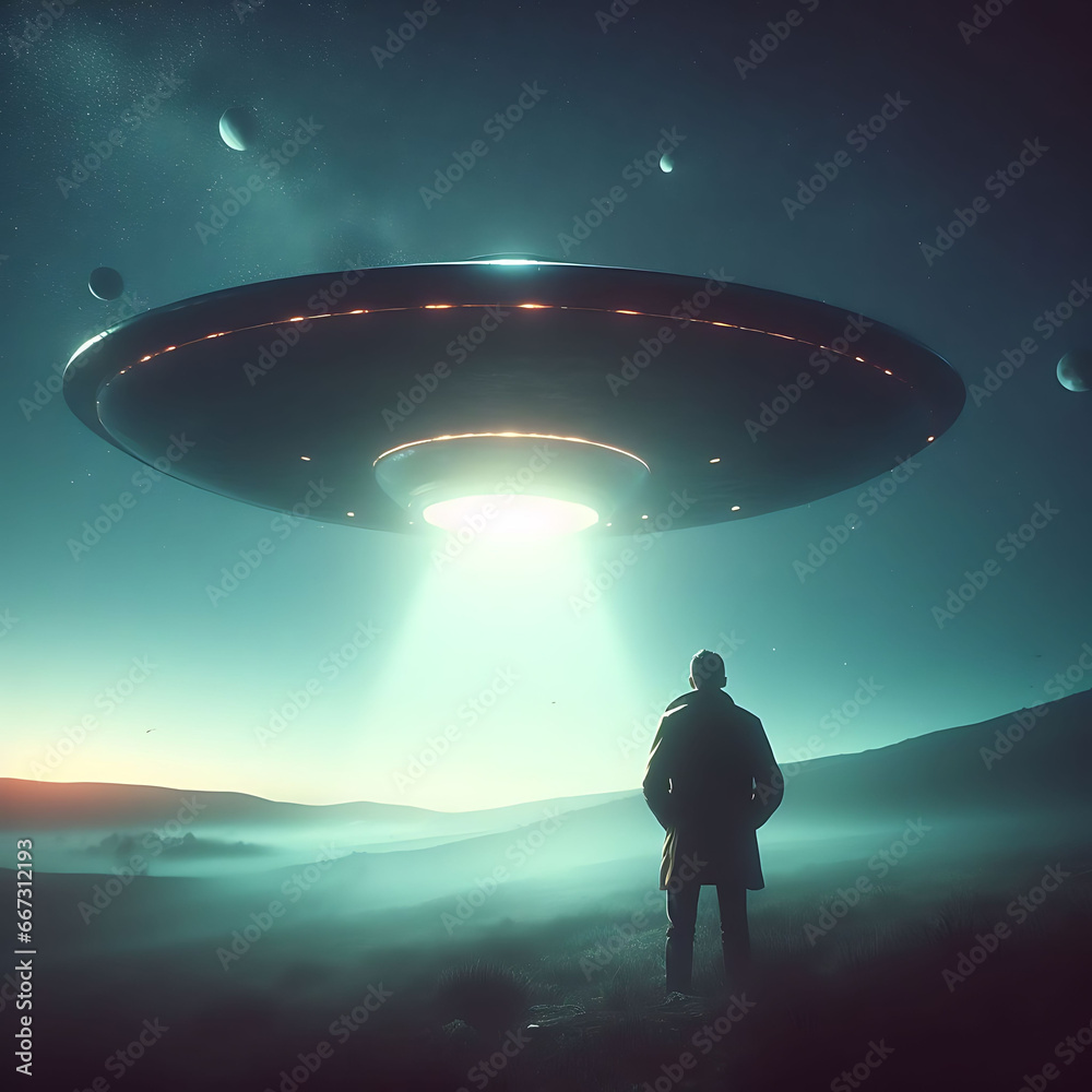 Back view of man looking at alien invasion, UFO flying in the sky ...