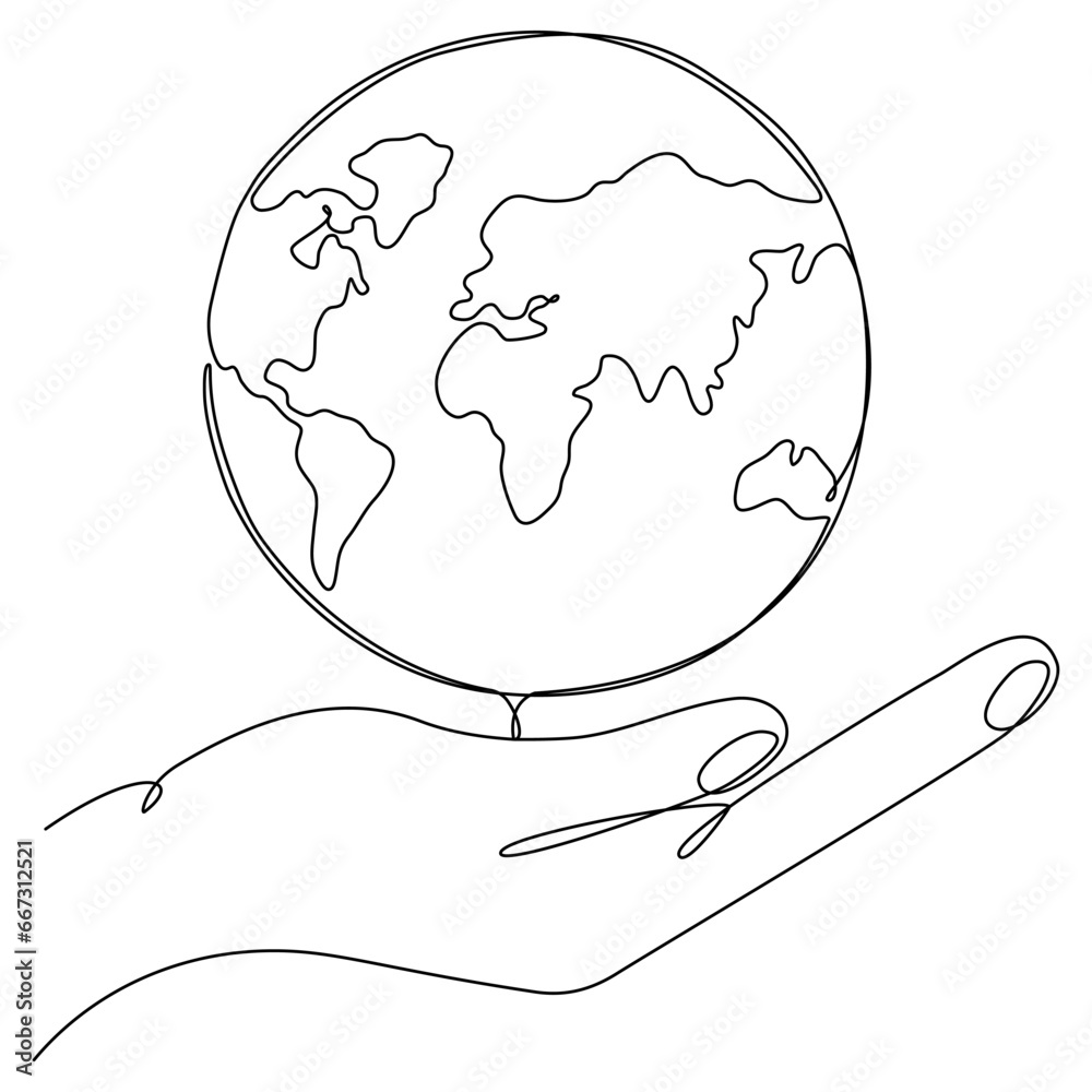 Human Hands Holding Earth Globe Continuous Line Art Drawing Save And