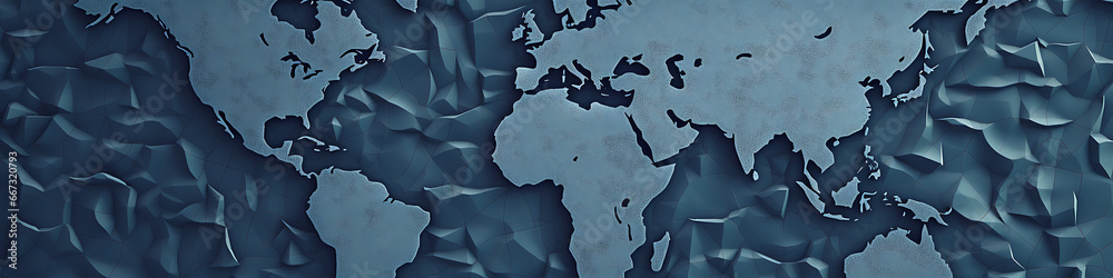 wide horizontal banner of world map embossed in stylized illustration ...