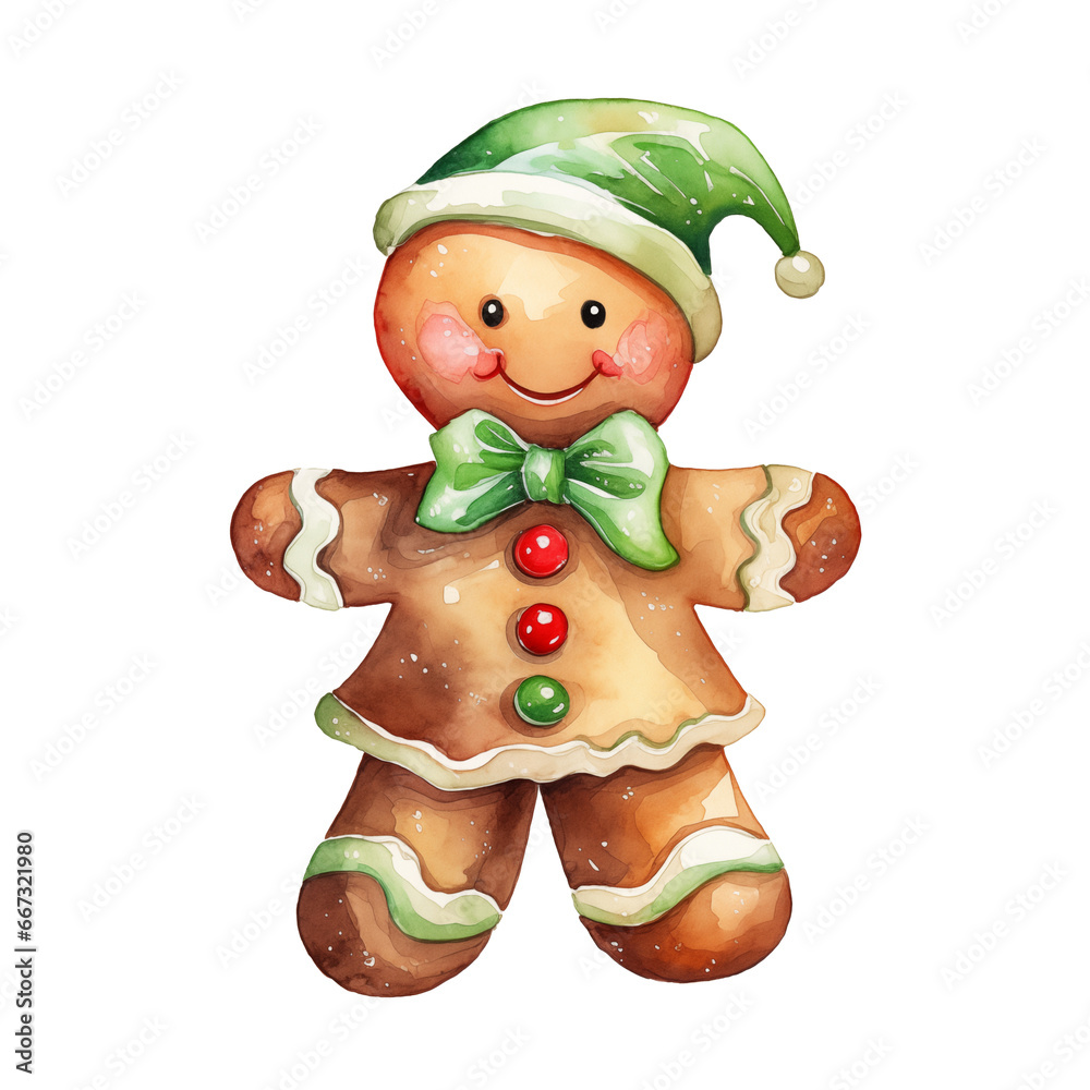 Watercolor Christmas gingerbread man with red and green frosting and ...
