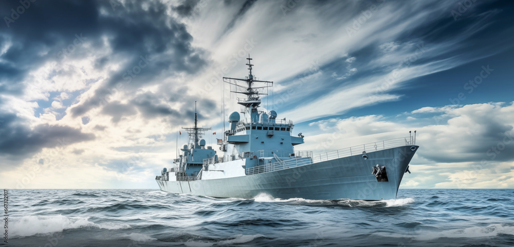 Military navy ships in a sea. Grey modern warship sailing in the sea ...