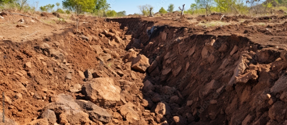 Cracks in soil caused by landslides which occur when rocks debris or ...