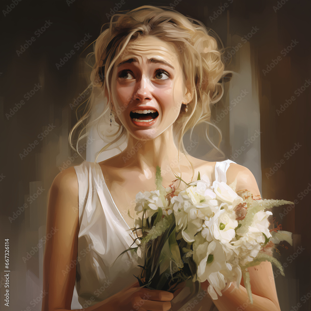 Crying sad bride with bouquet of flowers - Crying bride - An ugly ...