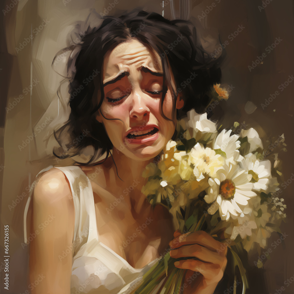 sad crying bride - An ugly crying bride shot from 3/ 4 profile, holding ...