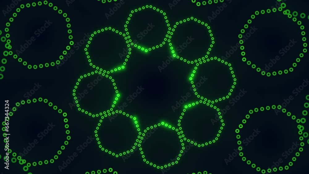 Circular arrangement of green dots on black background forms a ...