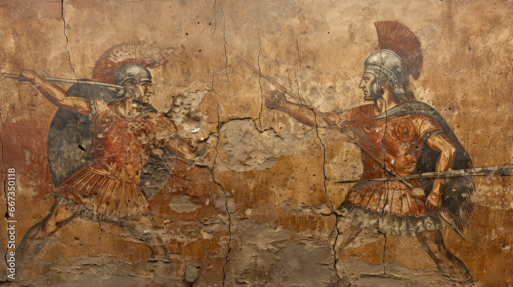 Ancient warriors fight in battle, Greek and Roman art, wall painting of ...