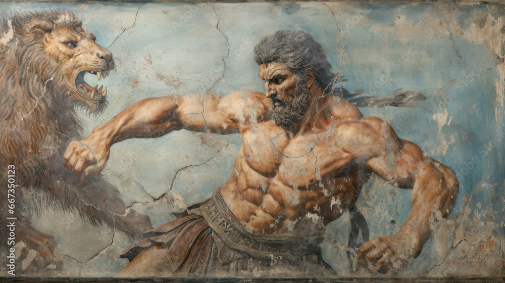 Old wall painting with Hercules fighting lion, Ancient Greek or Roman ...