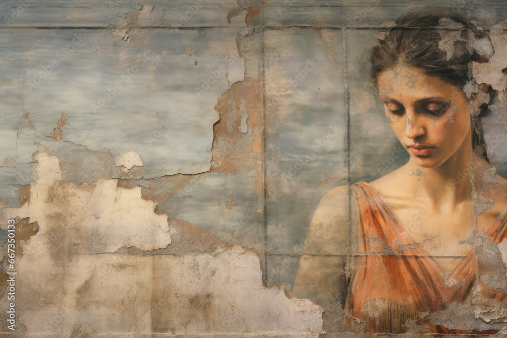 Ancient painting with young woman, damaged plaster texture background ...