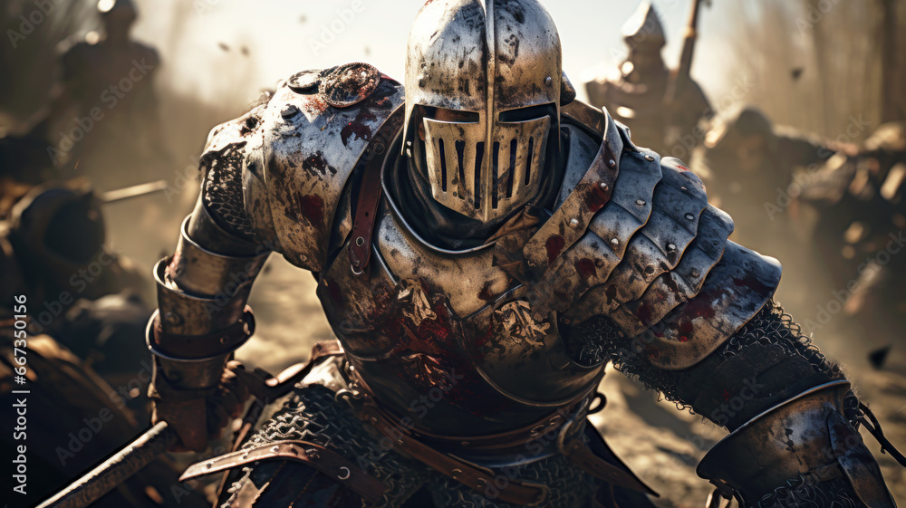 Foto de Medieval knight fights in battle, warrior with ax attacks enemy ...