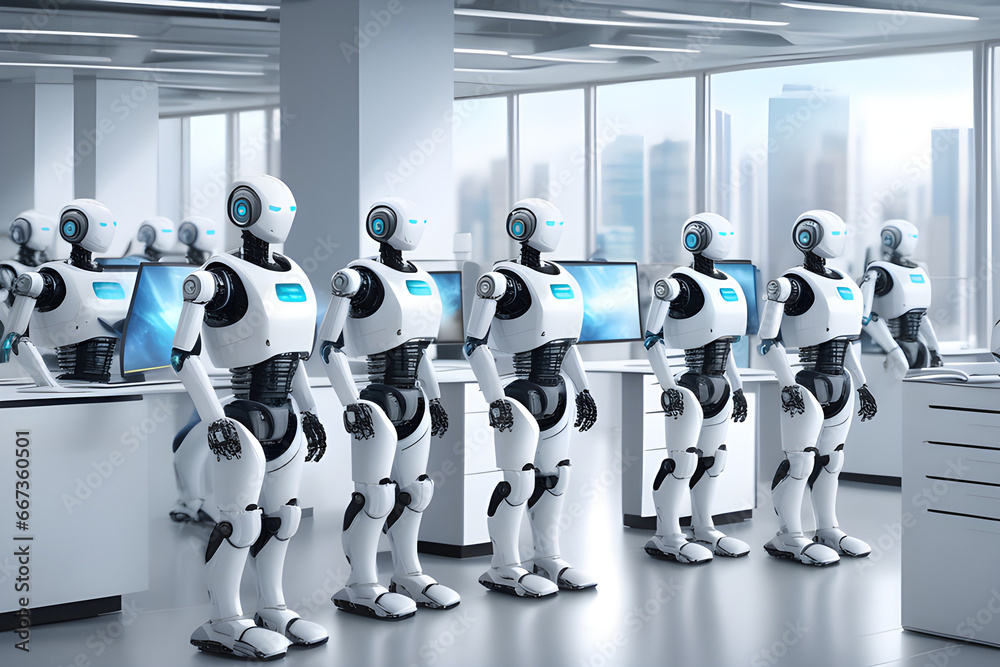 Many identical AI robots standing in big office. Robots replacing ...