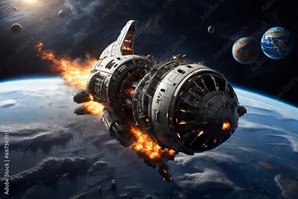 Spaceship in orbit in space. planet Earth in the background. Created ...