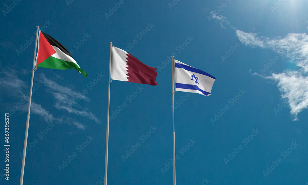 qatar israel palestine flag waving texture blue sky cloudy background ...