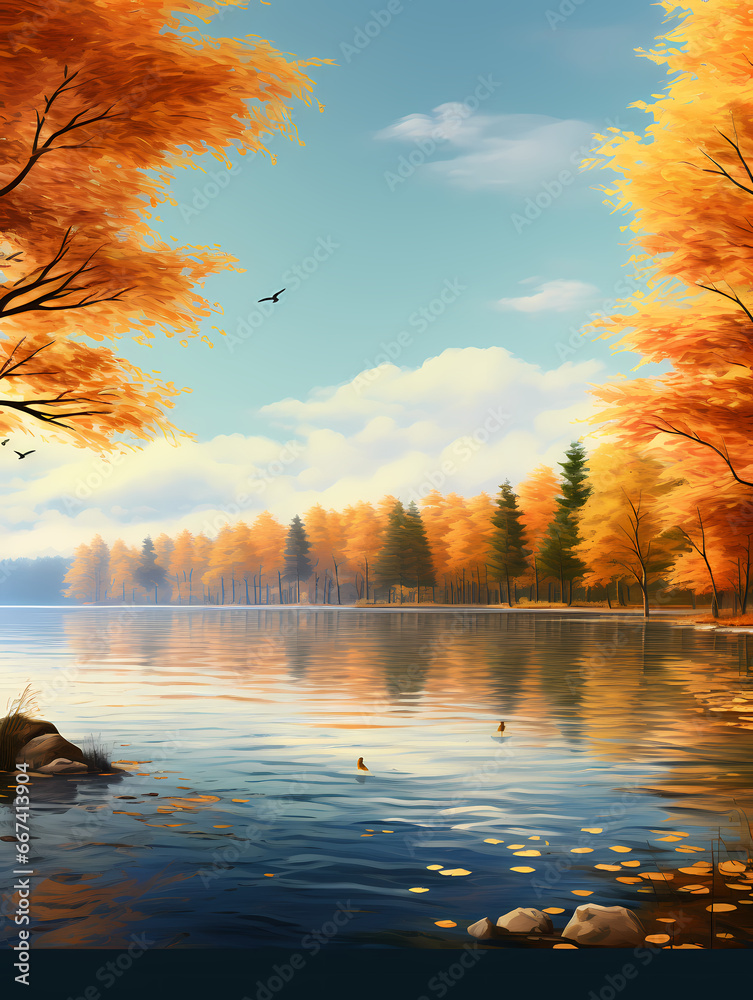 Quiet lakeside scenery, colorful trees reflection on the water ...