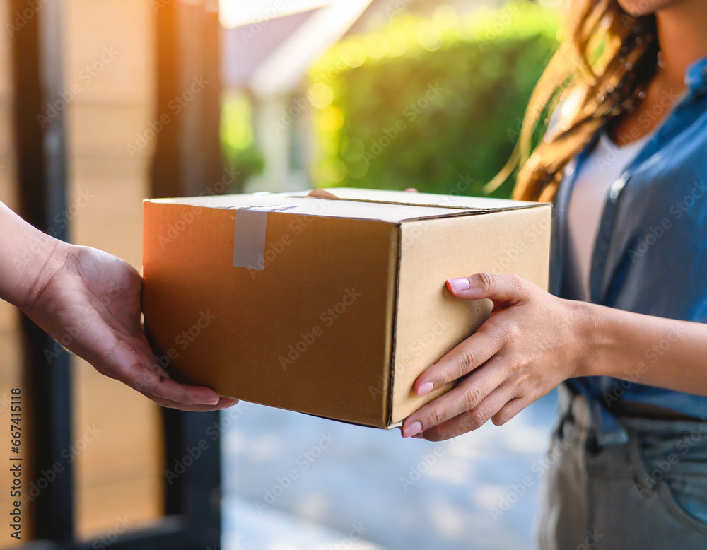 Home delivery service and working service mind, Woman customer hand ...