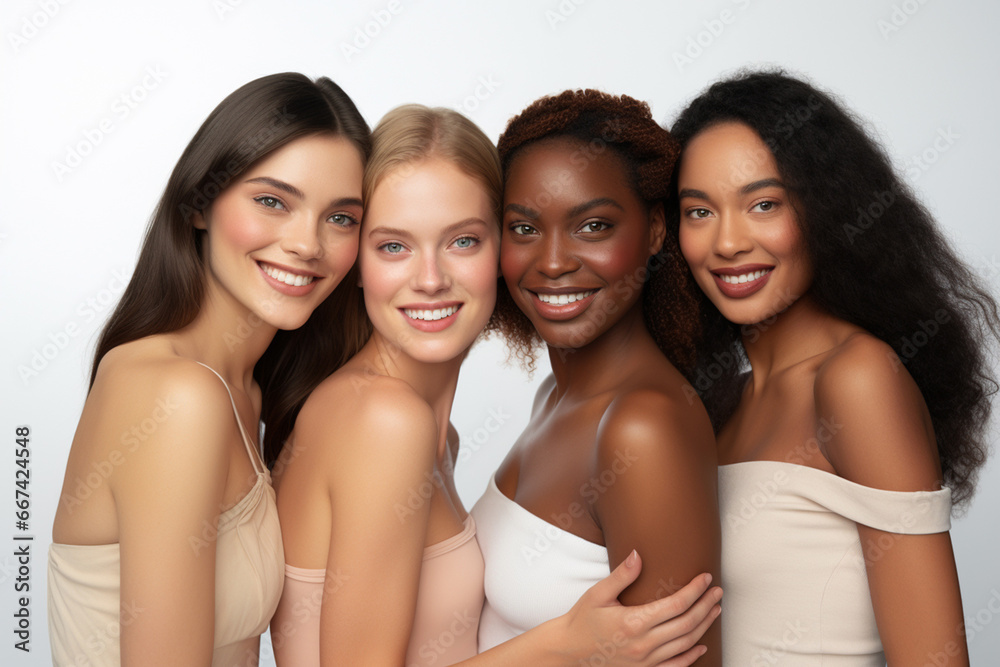Diverse women with radiant complexions on a studio background ...