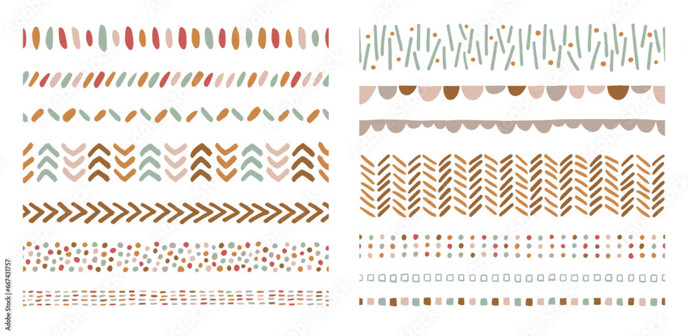 Collection of seamless borders and lines with hand drawn elements in ...