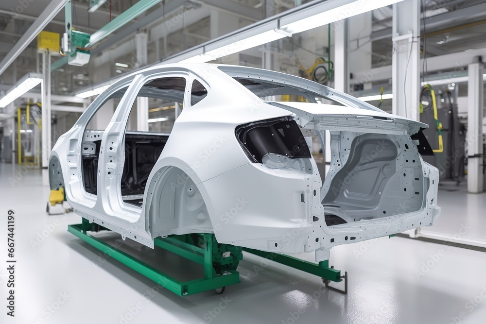 Car bodies are on assembly line. Factory for production of cars. Modern ...