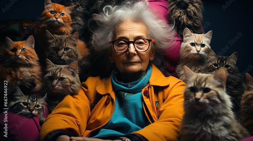 Crazy old granny in glasses, cat lady sitting in a chair in yellow ...