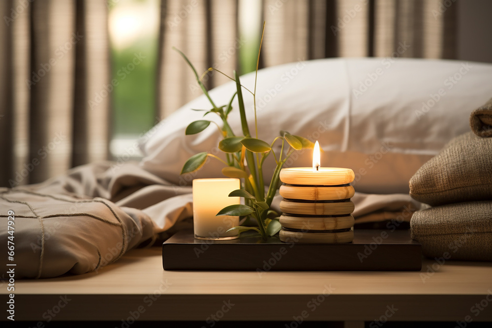 The view of lit aromatic scented candles placed on the bedside table to ...