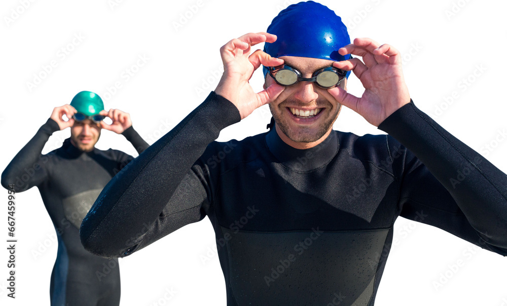 Digital png photo of two caucasian male swimmers putting swimming ...