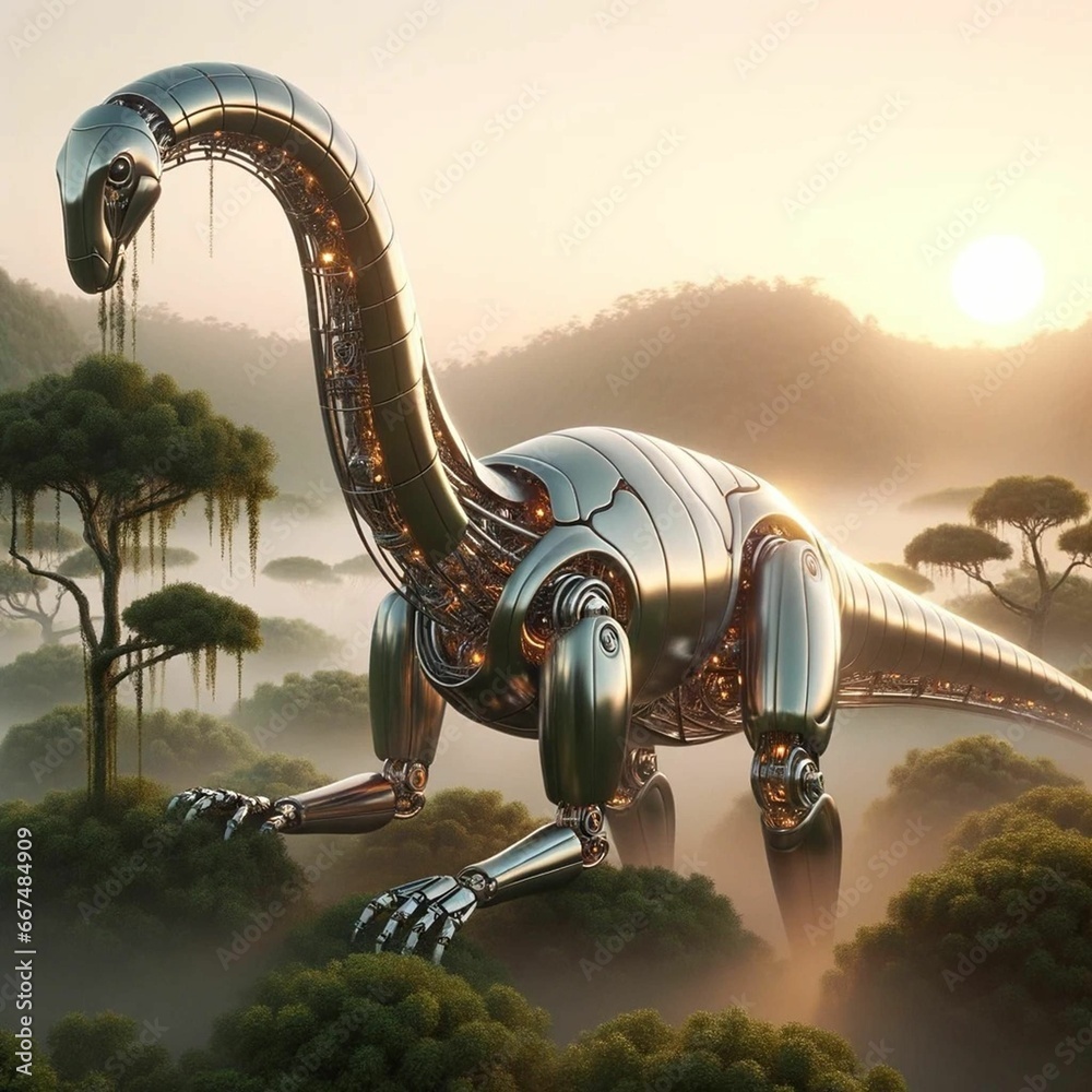 AI generated illustration of a robotic brachiosaurus in a lush green ...
