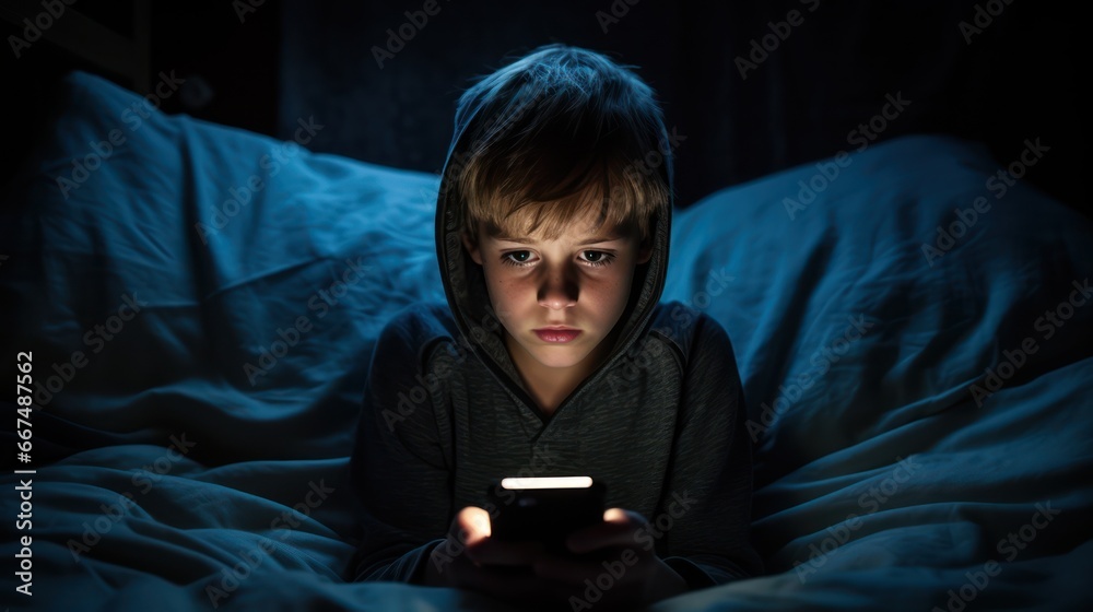 Child is addicted to a phone Sleepy exhausted lying in bed using a ...