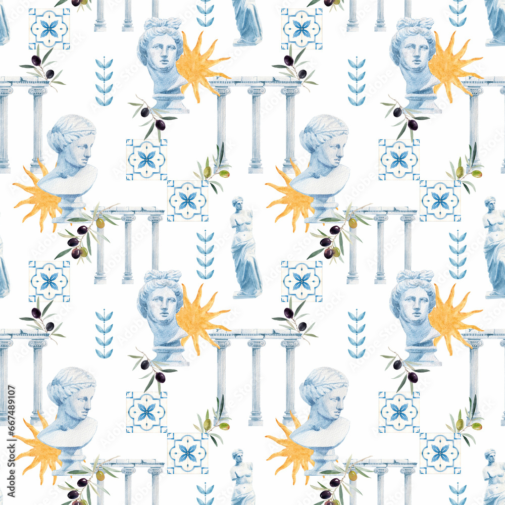 Beautiful seamless pattern with antique statue head bust of the Greek ...