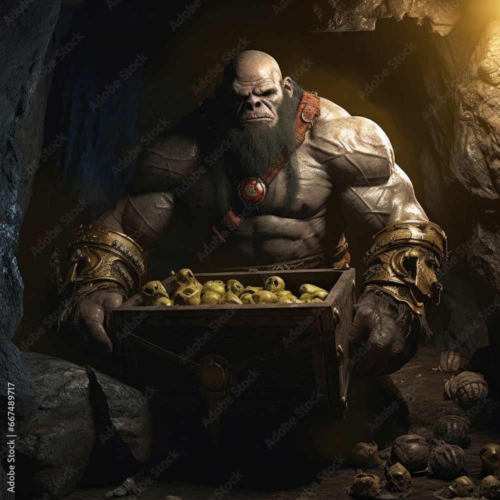 Handsome rugged Enormous bodybuilder orc discovers a treasure chest in ...